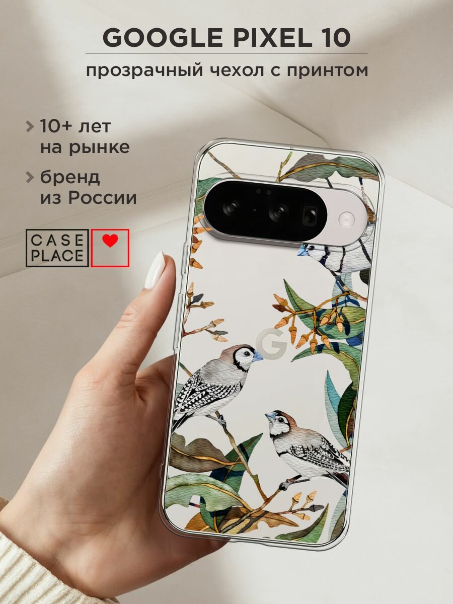 Чехол на Google Pixel 10 / Гугл Пиксель 10 с принтом "Птицы в листве", прозрачный