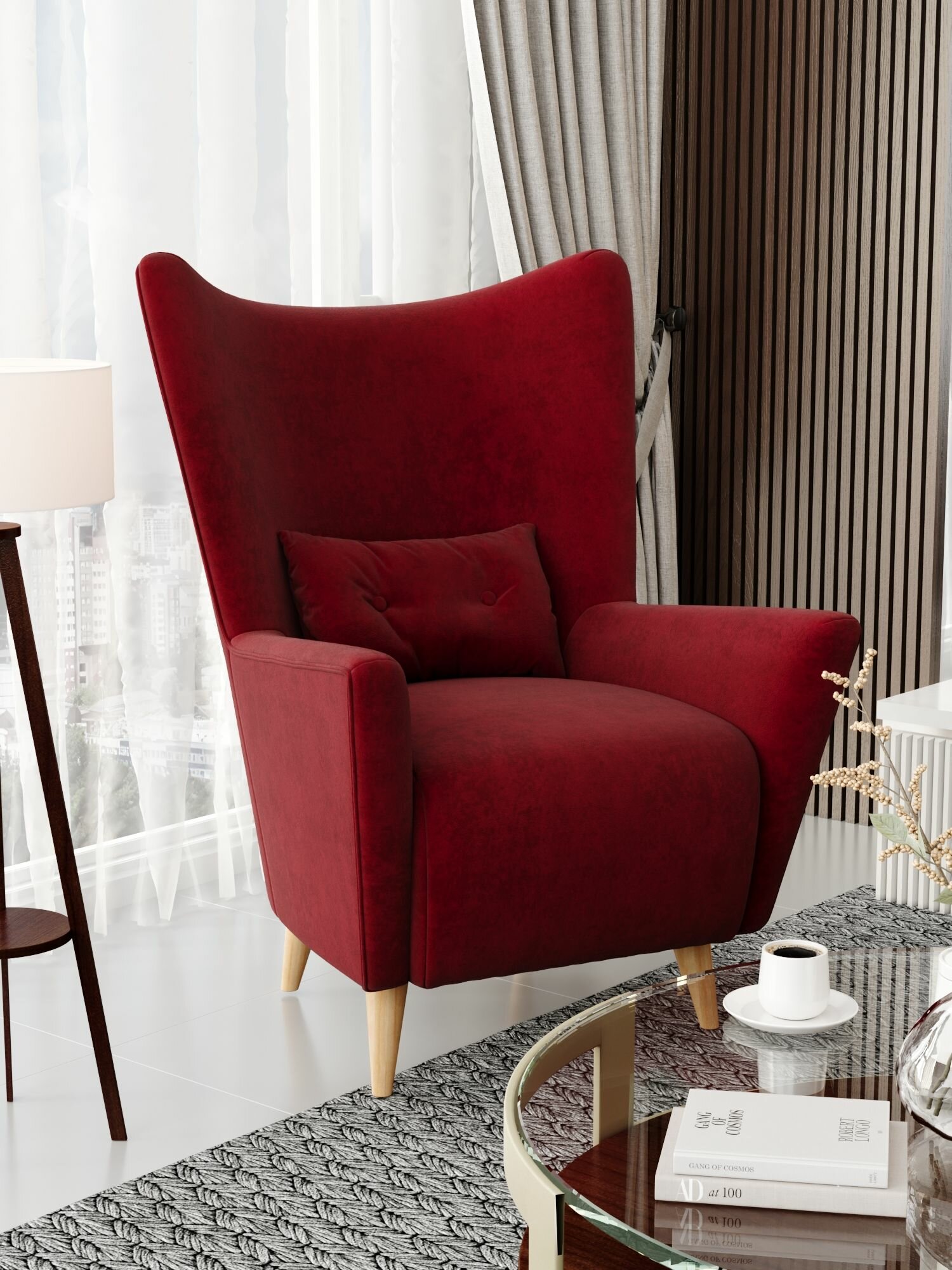 Кресло мягкое для дома, отдыха в гостиной Грейс от W&B, премиум велюр красный