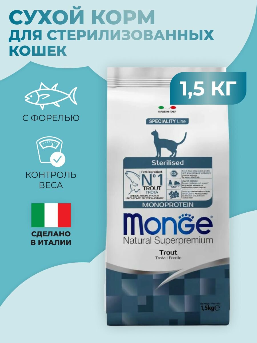 Monge Monoprotein Sterilised Trout Сухой корм для стерилизованных кошек, с форелью, 1,5 кг