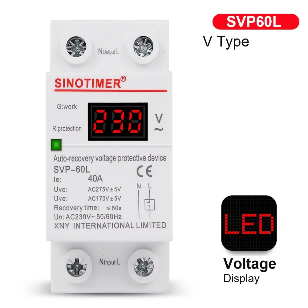DIN-рейка автомат защиты от перенапряжения SINOTIMER 40A 40A, Voltage Display