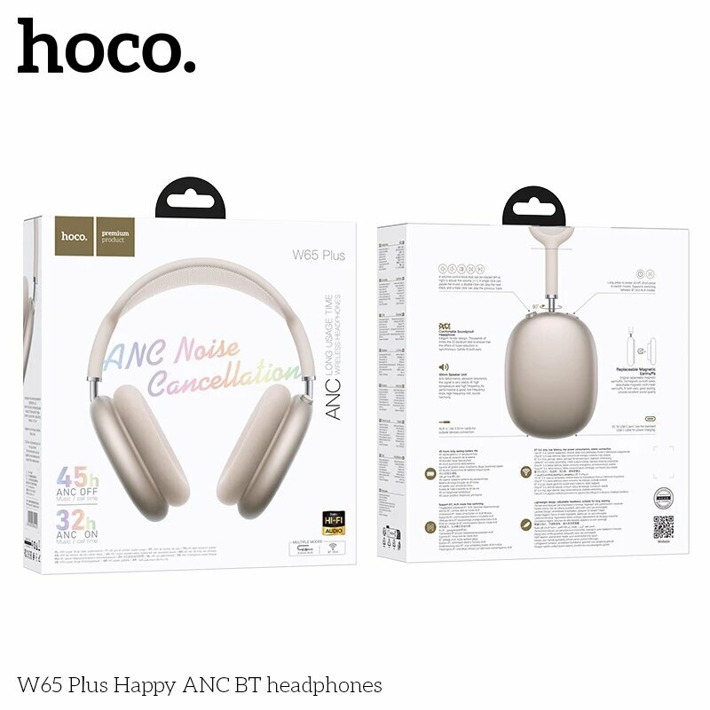 HOCO W65 Plus ANC Bluetooth-наушники с шумоподавлением, беспроводные большие наушники Hi-Fi, спортивные гарнитуры с кнопкой