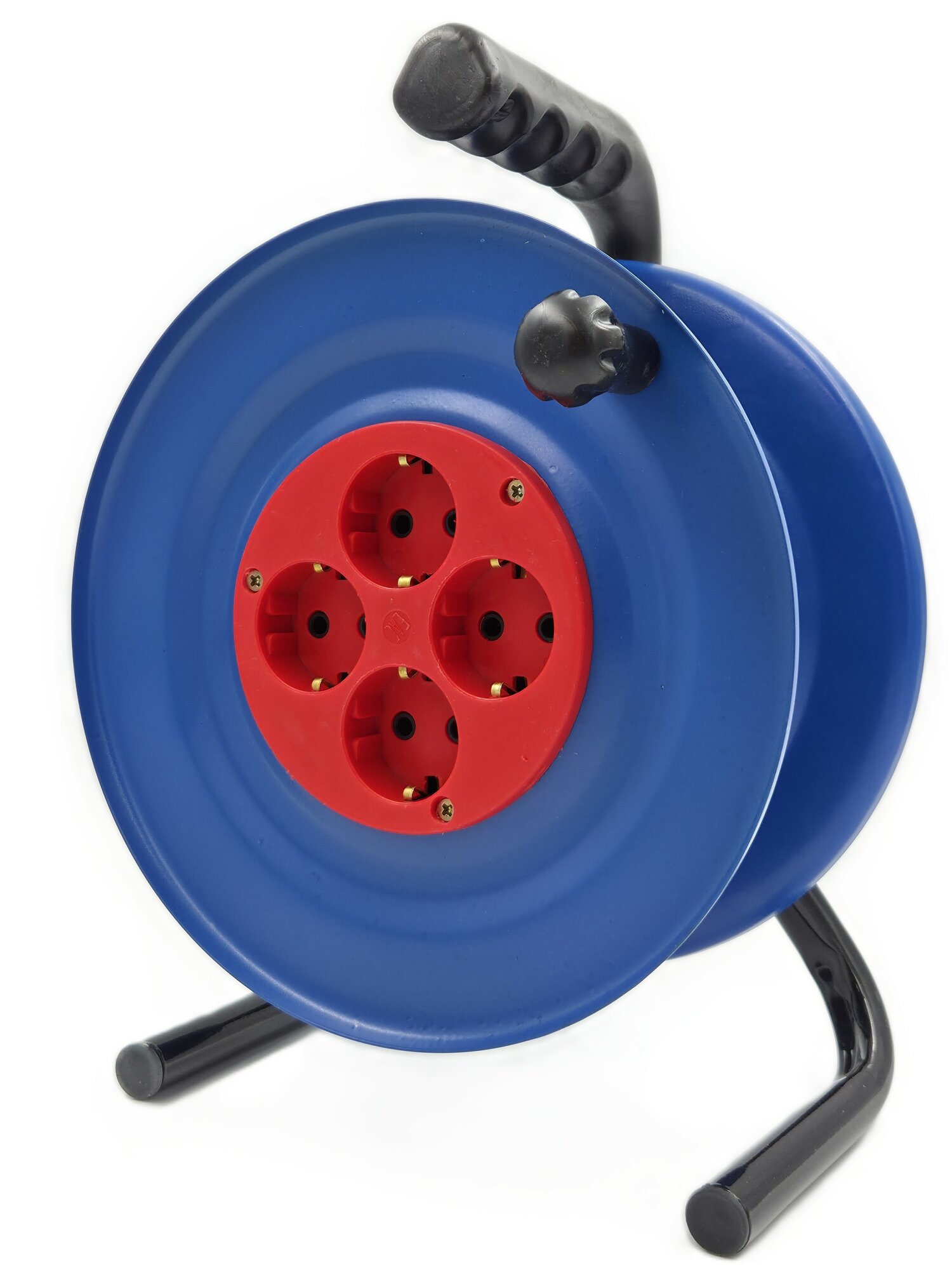 Катушка удлинителя металлическая 4 розетки с заземлением 220В 16А IP20 2Р+РЕ диаметром 24 см.