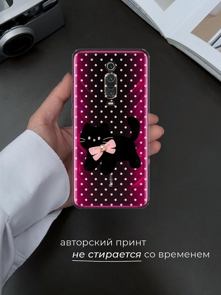 Чехол на Xiaomi Redmi K20/K20 Pro/Mi 9T/9T Pro / Сяоми Редми К20/K20 Pro с принтом Черный котик с бантом, прозрачный — фото 1