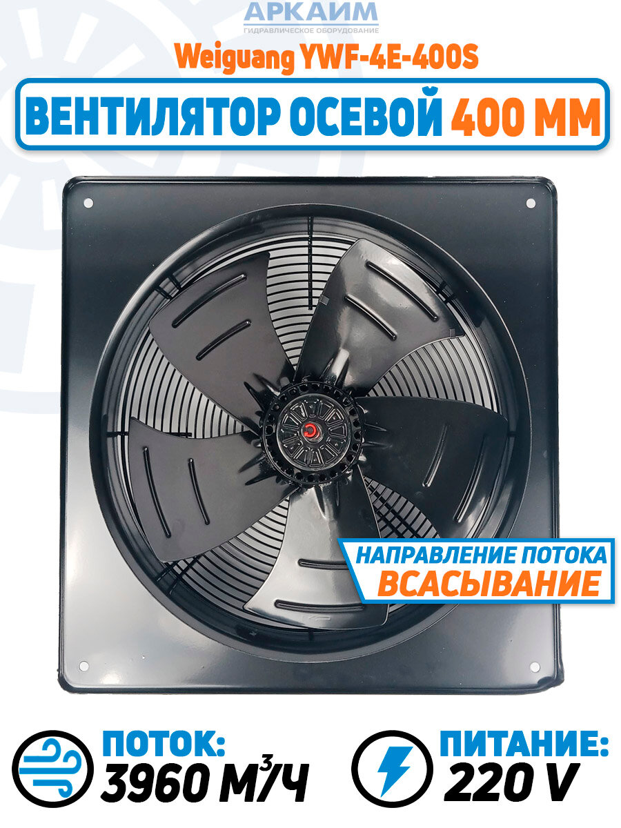 Вентилятор осевой 400 мм, YWF4E-400S-102/47-B, 220V. Поток: всасывание, настенная панель