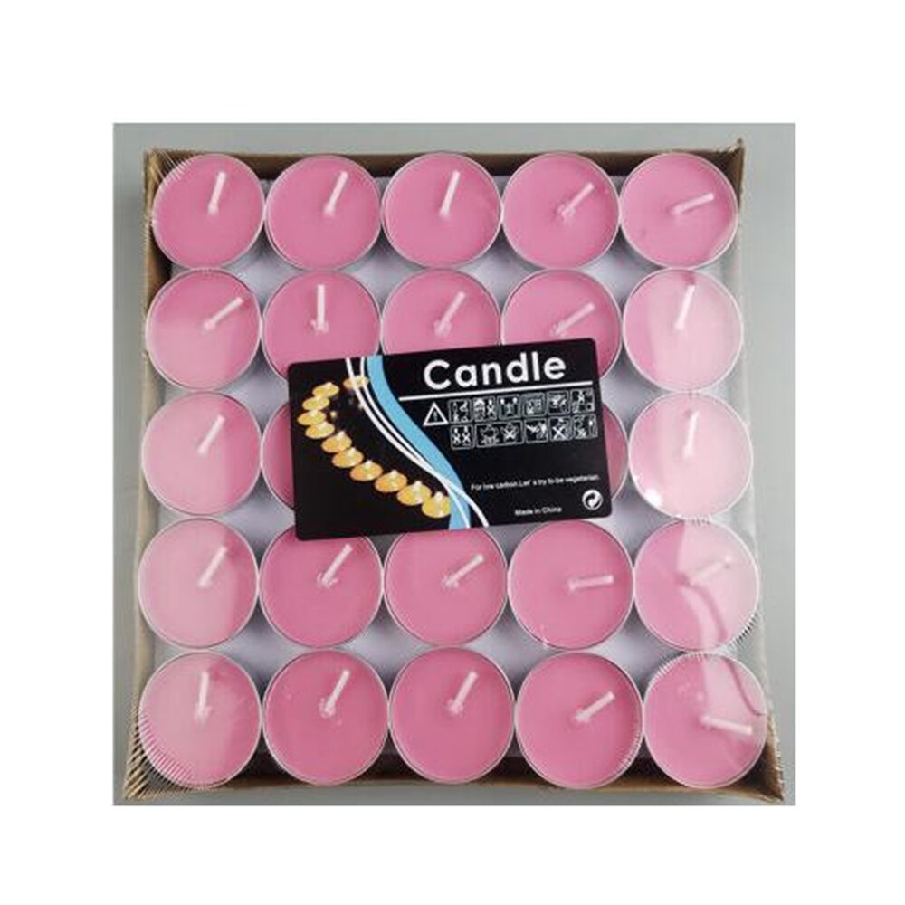 Свечи-теалайты 50 штук без аромата, металл и воск, белый, розовый, красный, желтый, синий, фиолетовый (выбор), для декора дома, свадьбы, дня рождения, весом 350 г, упаковка 20*20*8 см