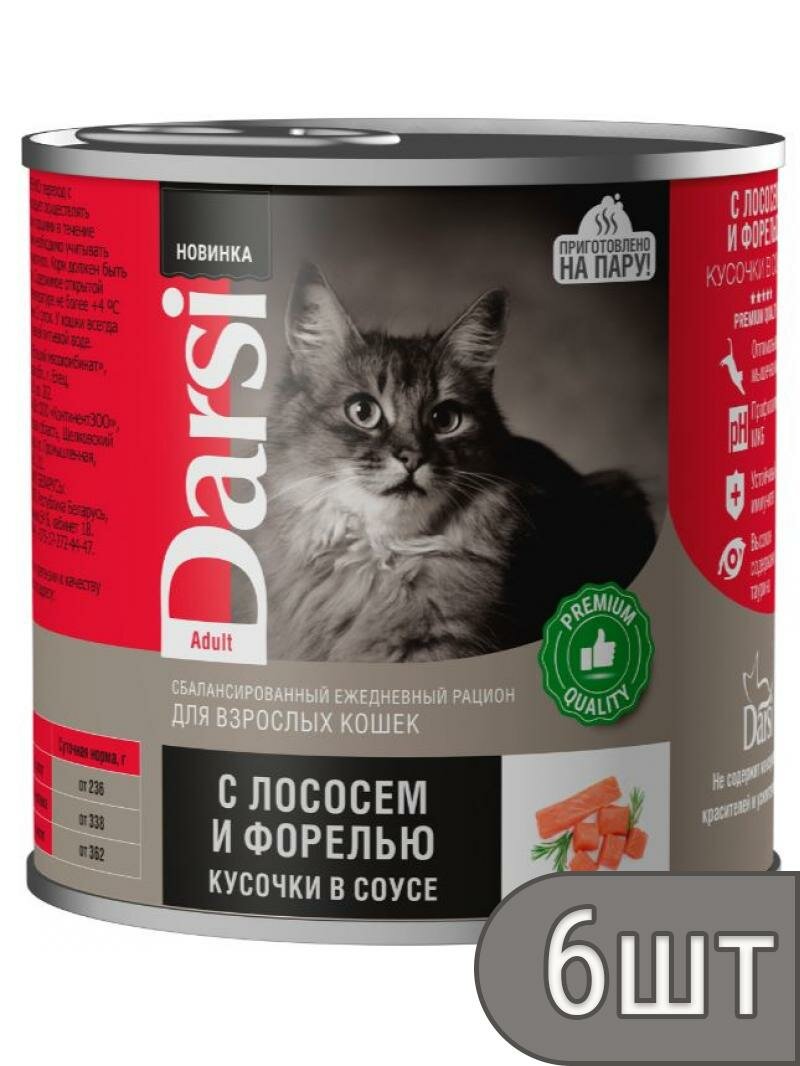 Darsi Набор 6 шт Консервы для взрослых кошек "Кусочки с Лососем и Форелью в соусе" 250г 1.5 кг