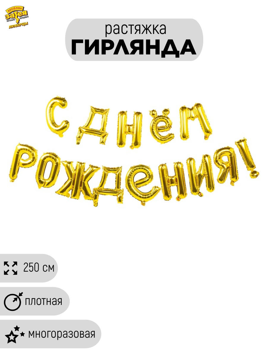 Гирлянда "С Днём Рождения" золотая из шаров печатная, длина ~250 см