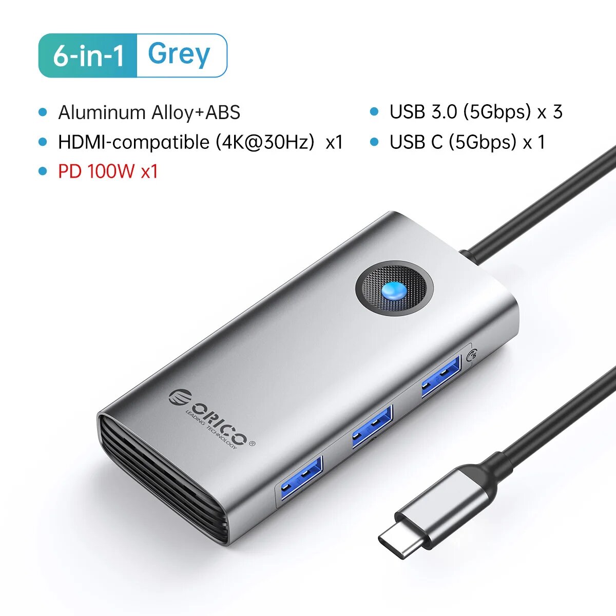 ORICO 6-в-1 USB-C хаб, серый, HDMI 4K@30Hz, PD 100W
