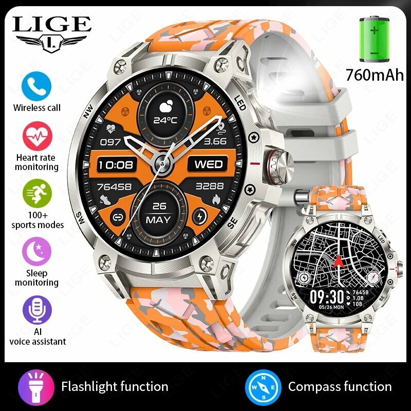 1.85-inch HD Screen 760mAh Large Battery LED Flashlight Bluetooth Call Sport Mode All-weather Health Monitoring Smart Watch