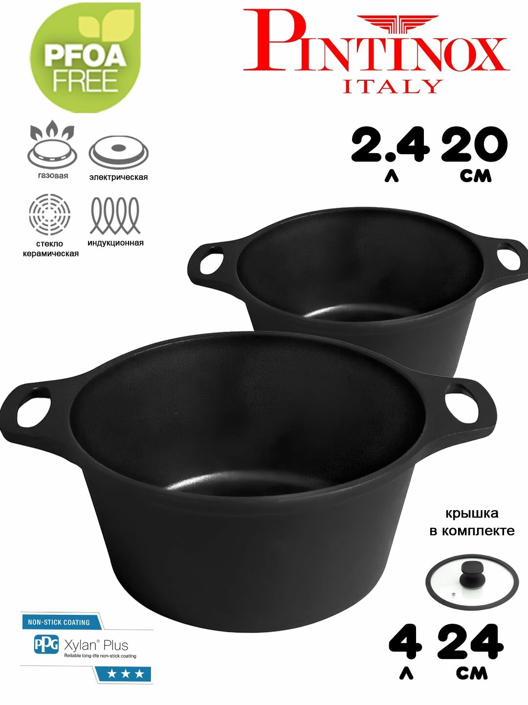 Набор кастрюль PINTINOX EVO 20 см 2.4 л, 24 см 4 л с крышками
