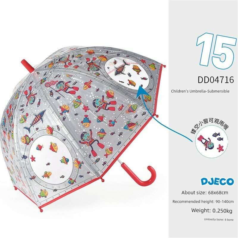Детский прозрачный зонт Djeco для девочек, учащихся начальной школы, детей детского сада, милый зонт с длинной ручкой