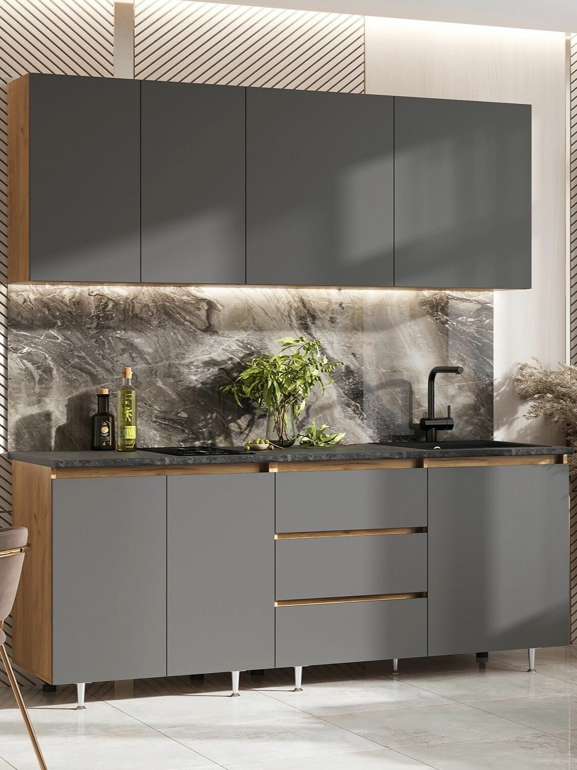 Кухня Челси 2,0м Компоновка №2 (Графит, Дуб Крафт (Кастилло))