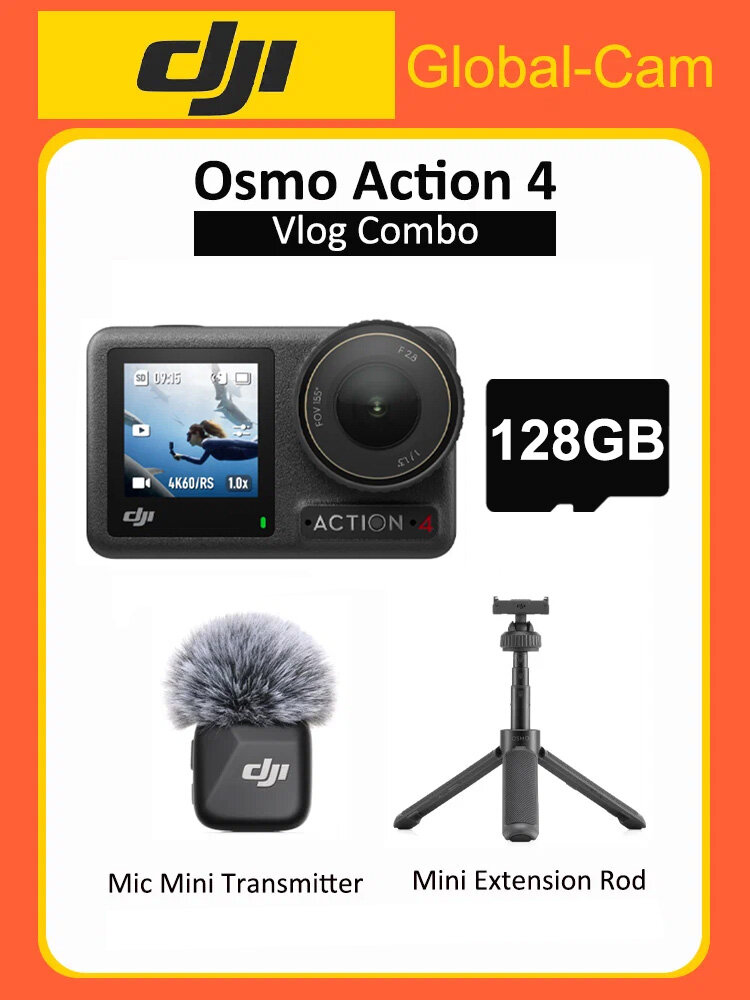 Экшн-камера DJI Osmo Action 4 Vlog Combo (DJI Mic Mini Transmitter + Mini Extension Rod + 128GB Card)