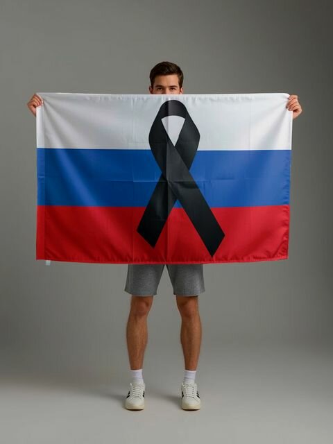 Флаг Российский триколор с траурной лентой на похороны, 90х135 см на шёлке для ручного древка