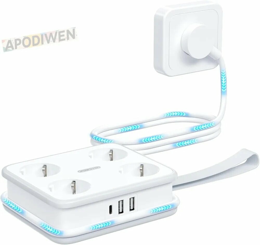 Сетевой фильтр NTONPOWER APP Удлинитель сетевой, 4 розетки 2 USB-A и 1 USB-C, 1.6 м удлинитель, Интеллектуальная идентификация быстрая зарядка, для путешествий домашних офисов Apodiwen