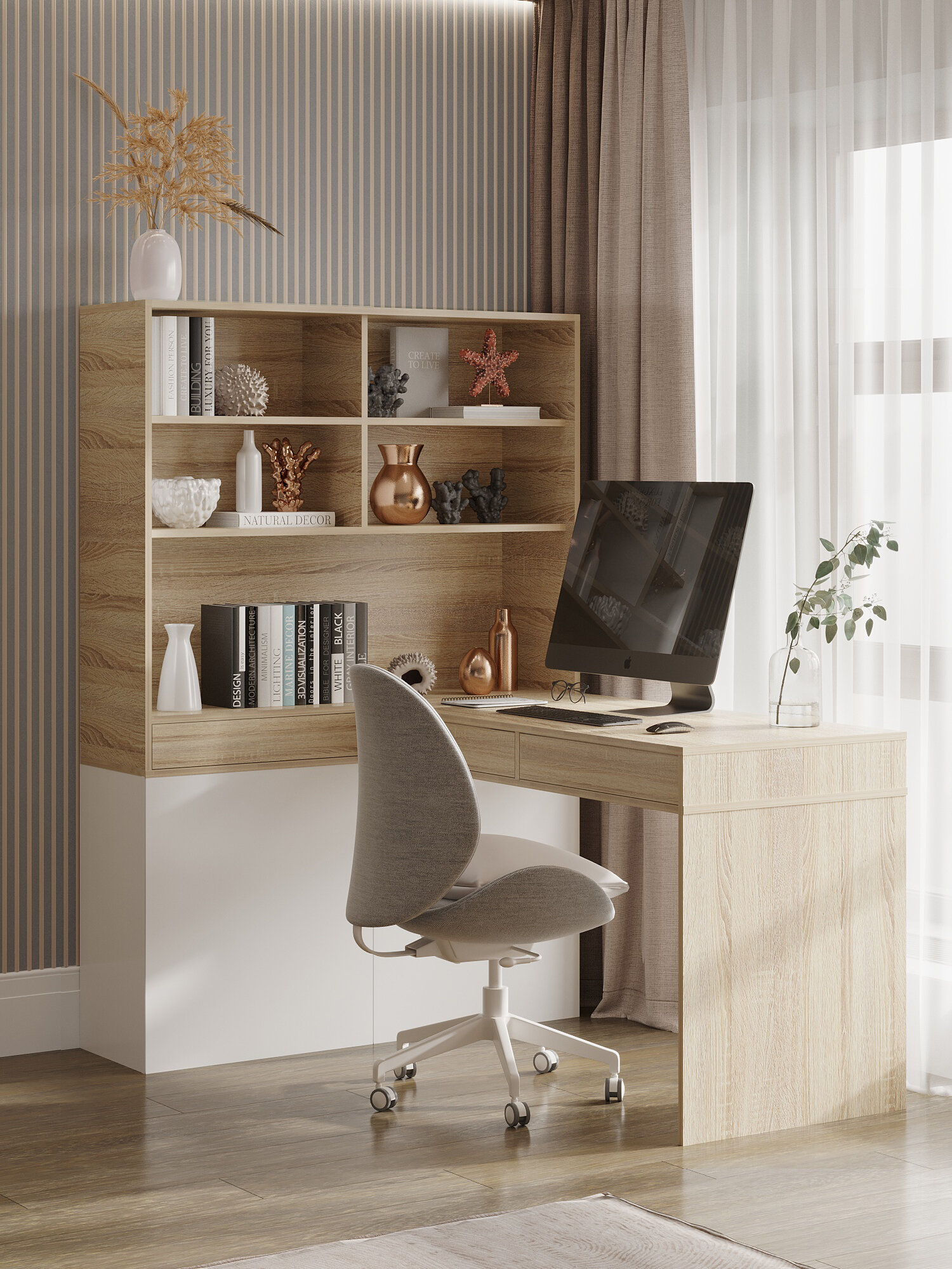 Стол компьютерный со стеллажом и ящиками Click, белый/сонома, 120х155х167 см