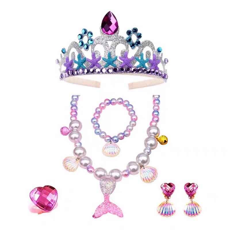 Детский Набор Ювелирных Изделий Princess Mermaid: Корона Звездари, Жемчужина Ожерелье, Серьги Сердце, Браслет Розовый Оранжевый, Кольцо Сердце, Для Девочек 3-10 Лет, Для Игр, День Рождения, Тематических Вечеринок, Без Остроугольных Деталей, С