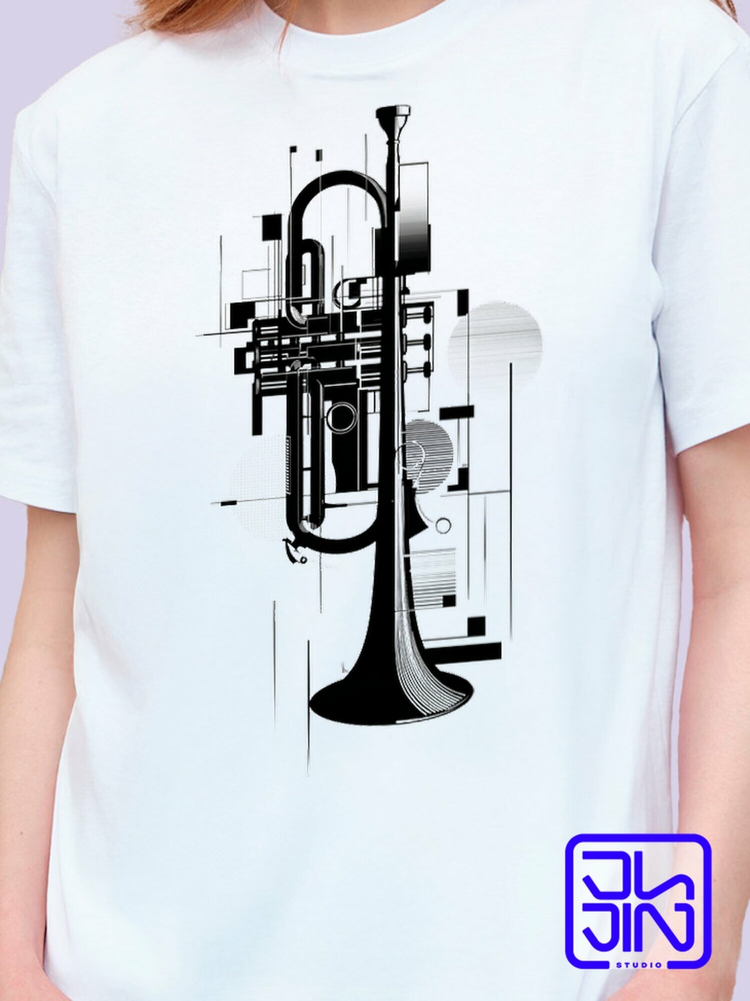 Футболка классическая женская с авторским принтом Черно-белая геометрическая труба в абстрактном музыкальном черном коллаже, белый хлопковый трикотаж с прикольным рисунком на груди