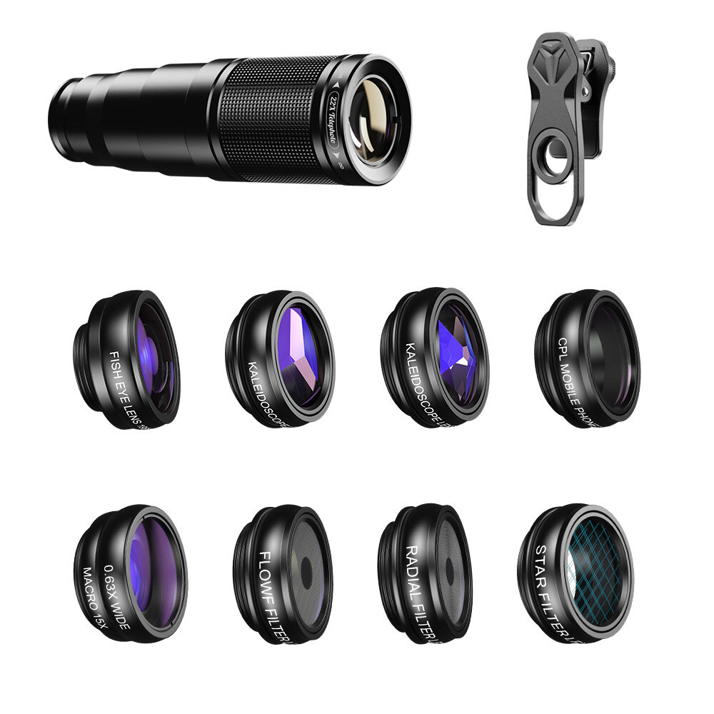 Apexel 10-в-1 комплект телефонных линз с 22-кратным телеобъективом 198 ° Lens Lens Lens Lens Lens Lens 0,63 раза широкоугольная линза 15x макрообъектив различных фильтров универсальный запасной короб