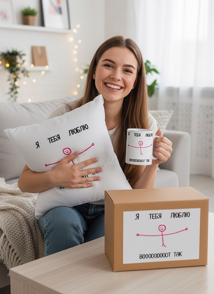 Подарочный бокс набор кружка + подушка женский, для девушки, "Воот так тебя люблю"