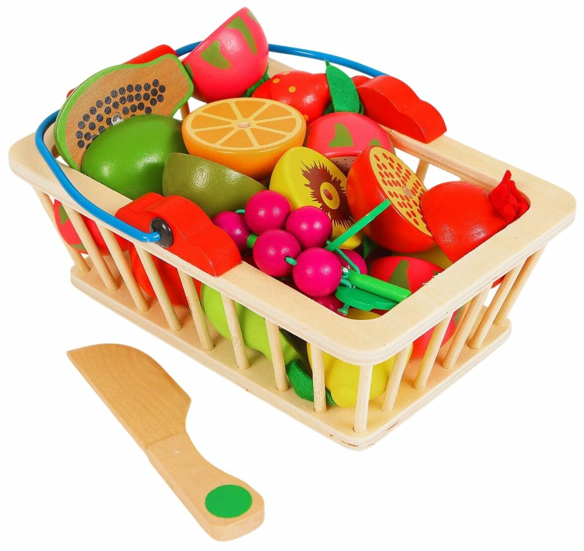 Детский игровой набор продуктов "Корзина с фруктами", сюжетно-ролевая игра, играем в магазин, юный повар, 16 деревянных продуктов на магнитах