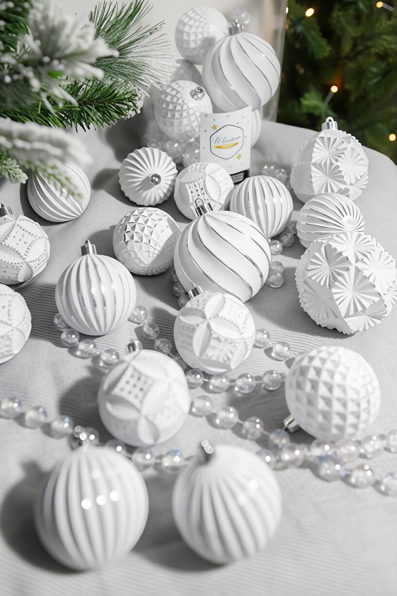 Набор пластиковых шаров вальцер ленто, белый с серебряным, 6-8 см, упаковка 24 шт, Winter Deco 220033