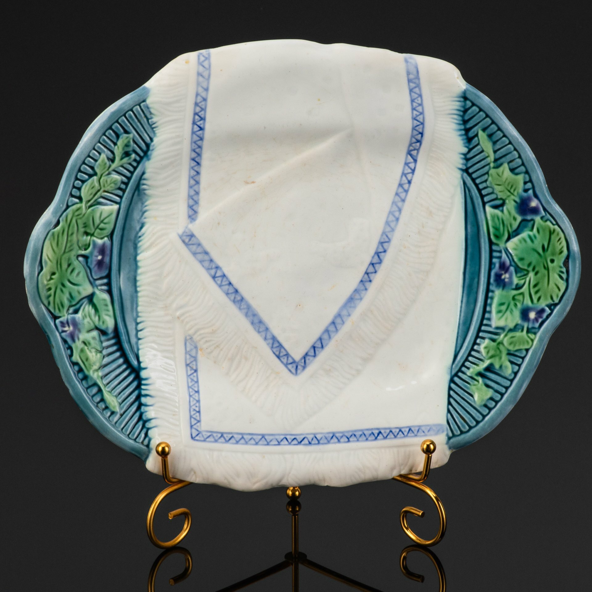 Блюдо (сухарница) "Рушник" в сине-зелёной гамме, фаянс, роспись