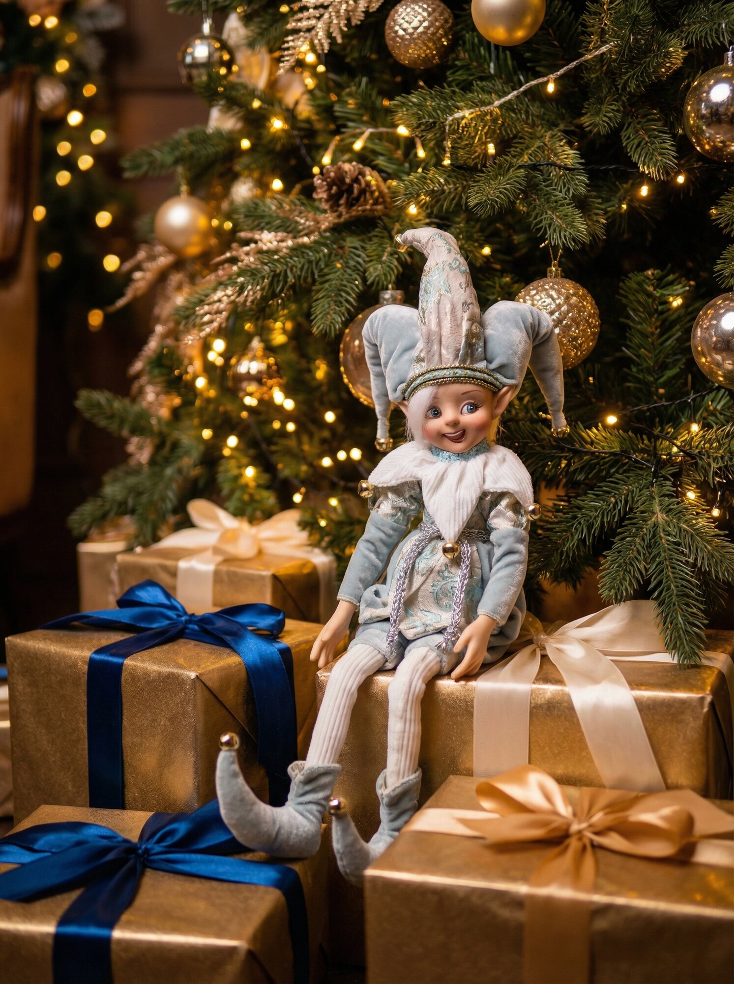 Новогоднее украшение для дома-Рождественский эльф под ёлку, 60 сантиметров, голубой