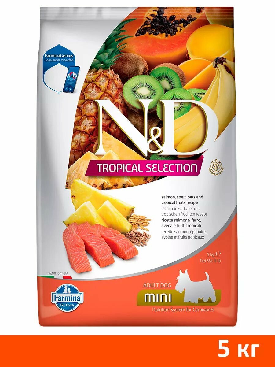 Корм сухой Farmina Dog N&D Tropical Selection Adult Mini Salmon для взрослых собак мелких пород с лососем, 5 кг