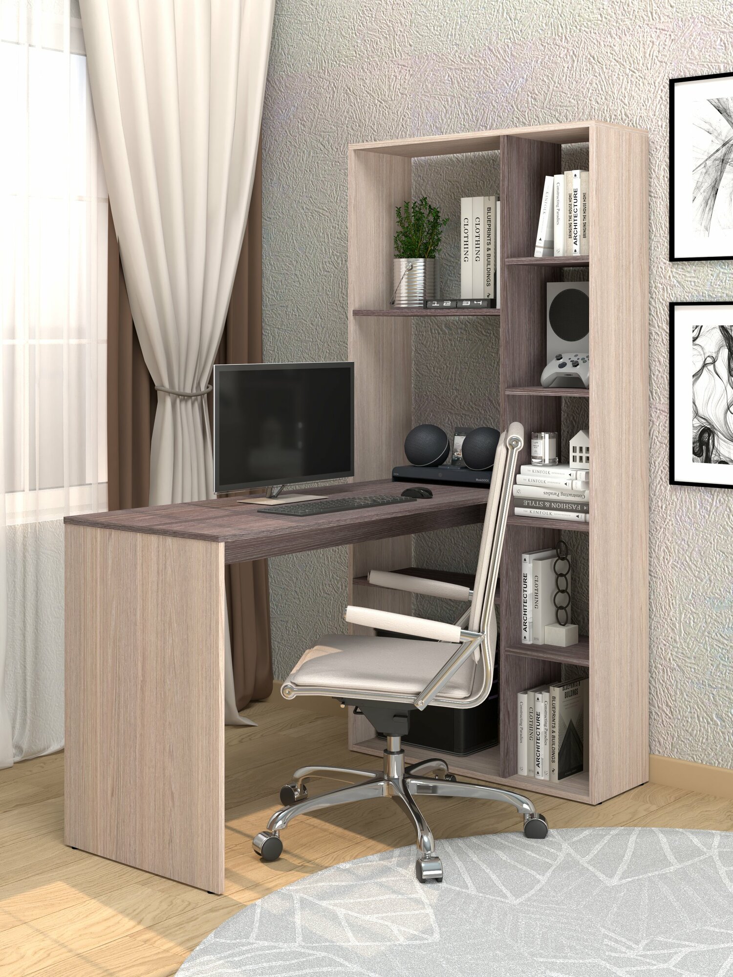 Есэндвич Лаворо 13 Компьютерный стол со стеллажом 130х170х80 см (Анкор тёмный/Анкор светлый)