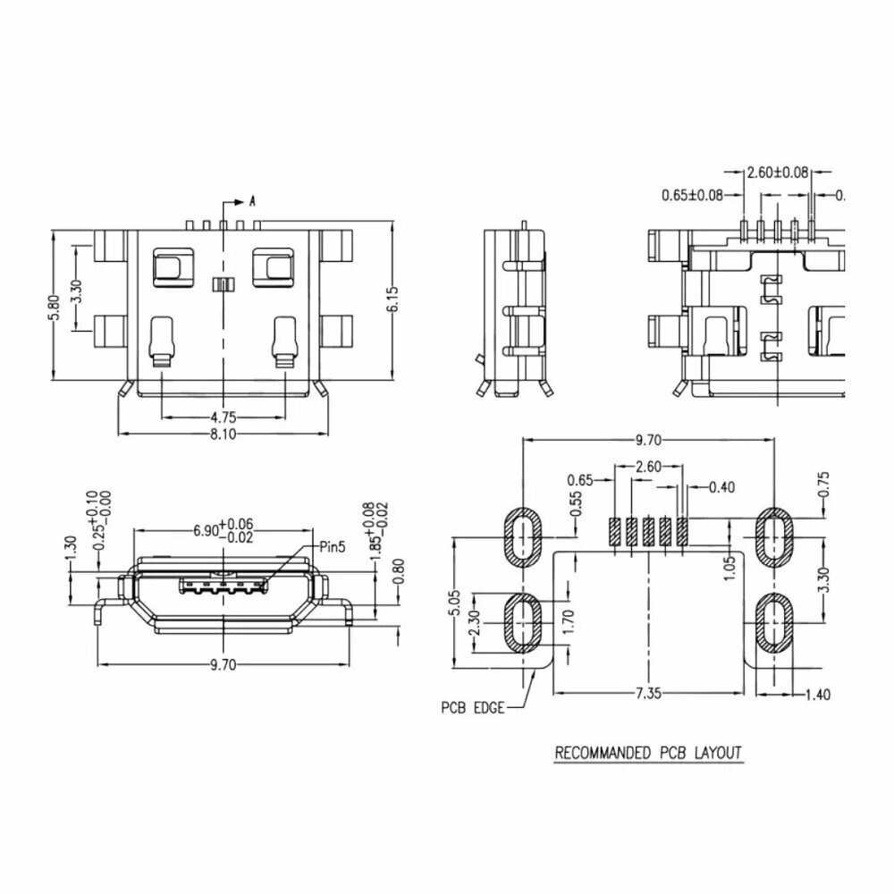 Разъём Micro USB Type B 5 Pin SMD — фото 1