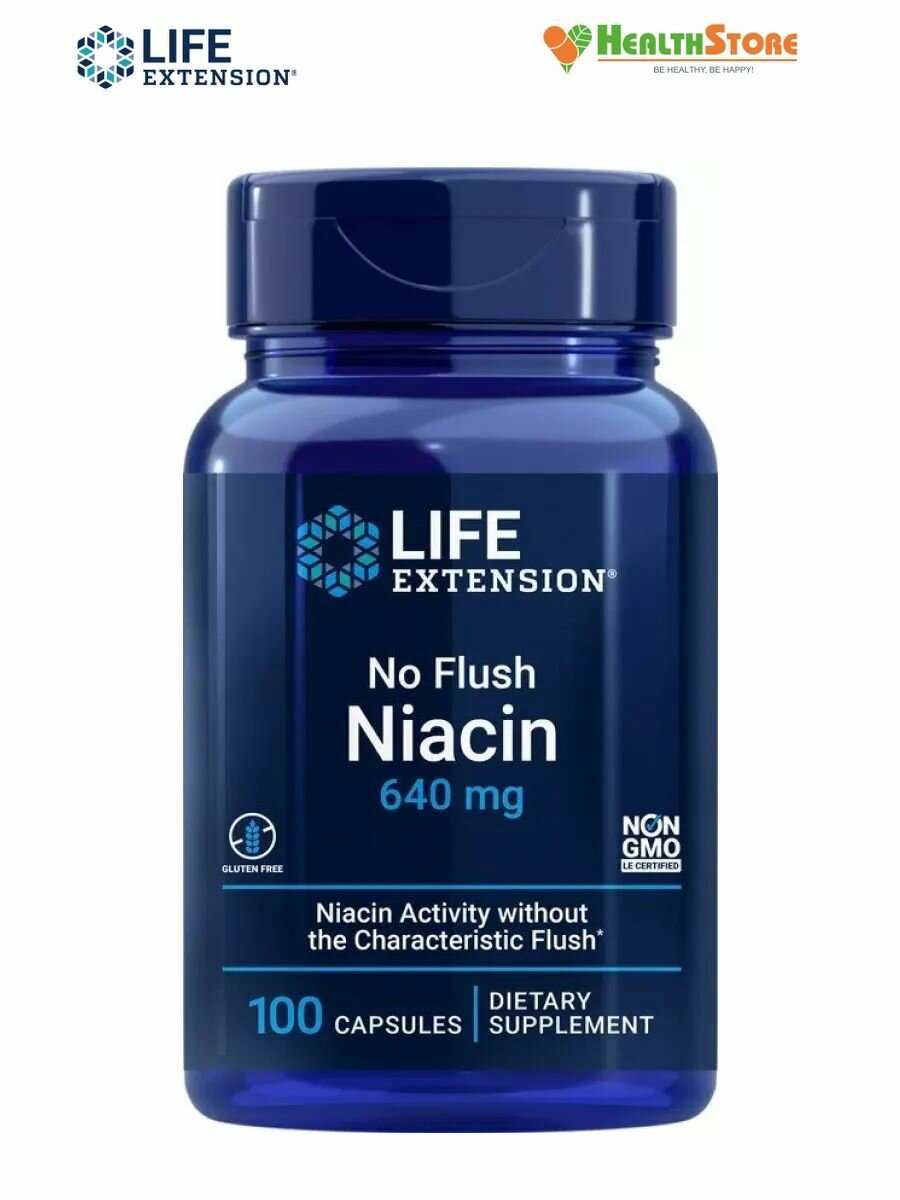 Life Extension No Flush Niacin 640мг 100 капсул ниацин без покраснений, не вызывающий приливов крови