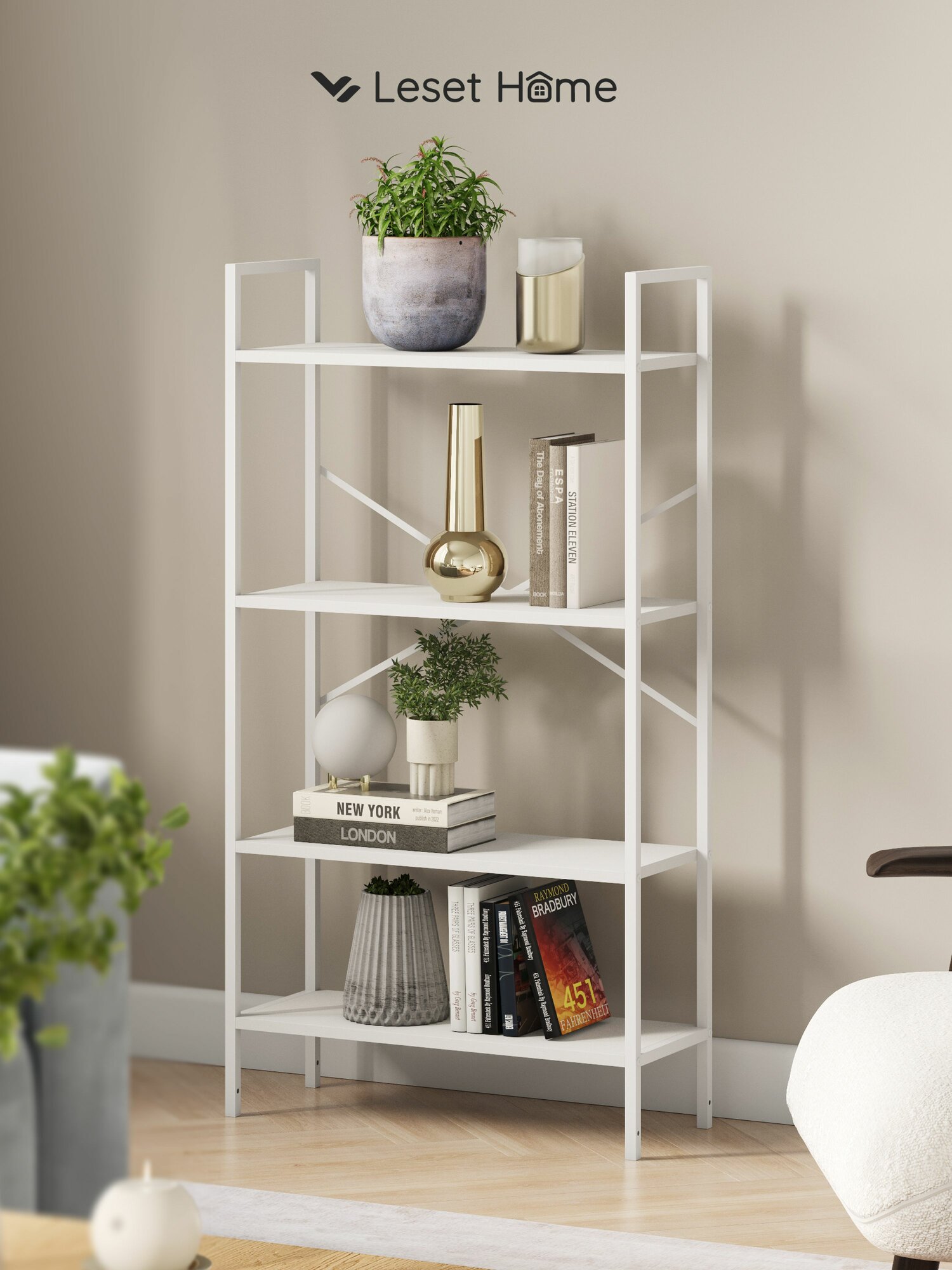 Стеллаж Leset "Стилвуд 24", белый, 4 полки, металлический каркас