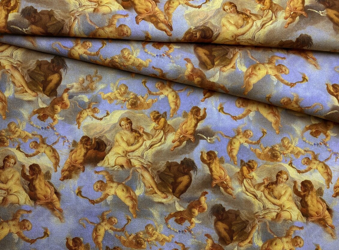 Ткань Джинса серо-голубого цвета с принтом ангелы 12693