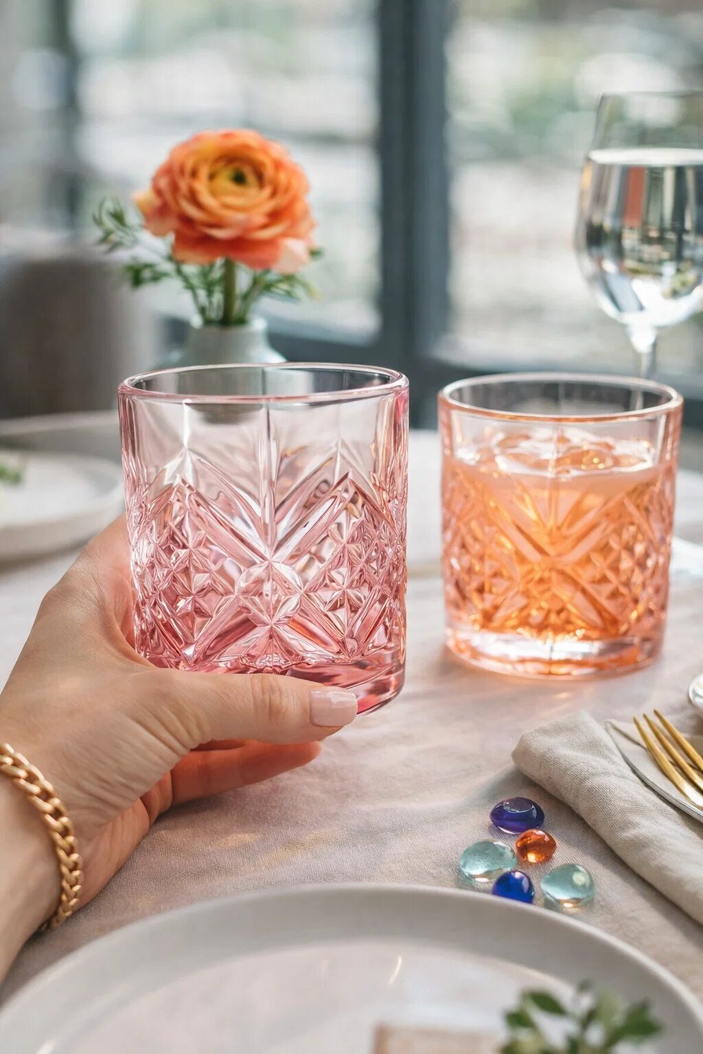 Набор цветных низких стаканов, розовый Arcoroc "Зальцбург" 2 шт, 300 мл. Ударопрочное стекло, цветные бокалы.