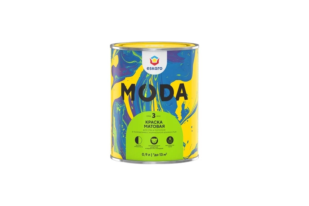 Краска ESKARO Moda 3 для стен и потолков моющаяся матовая База TR (бесцветная) 0,9л