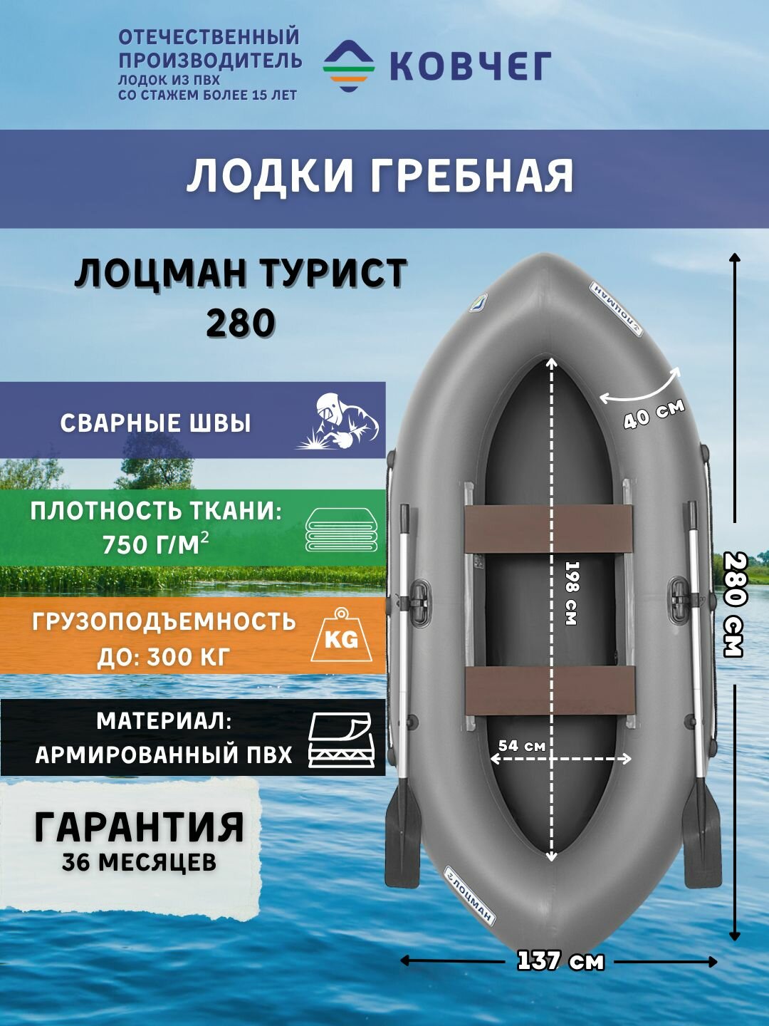 Лодка гребная Лоцман Турист 280 (серая)