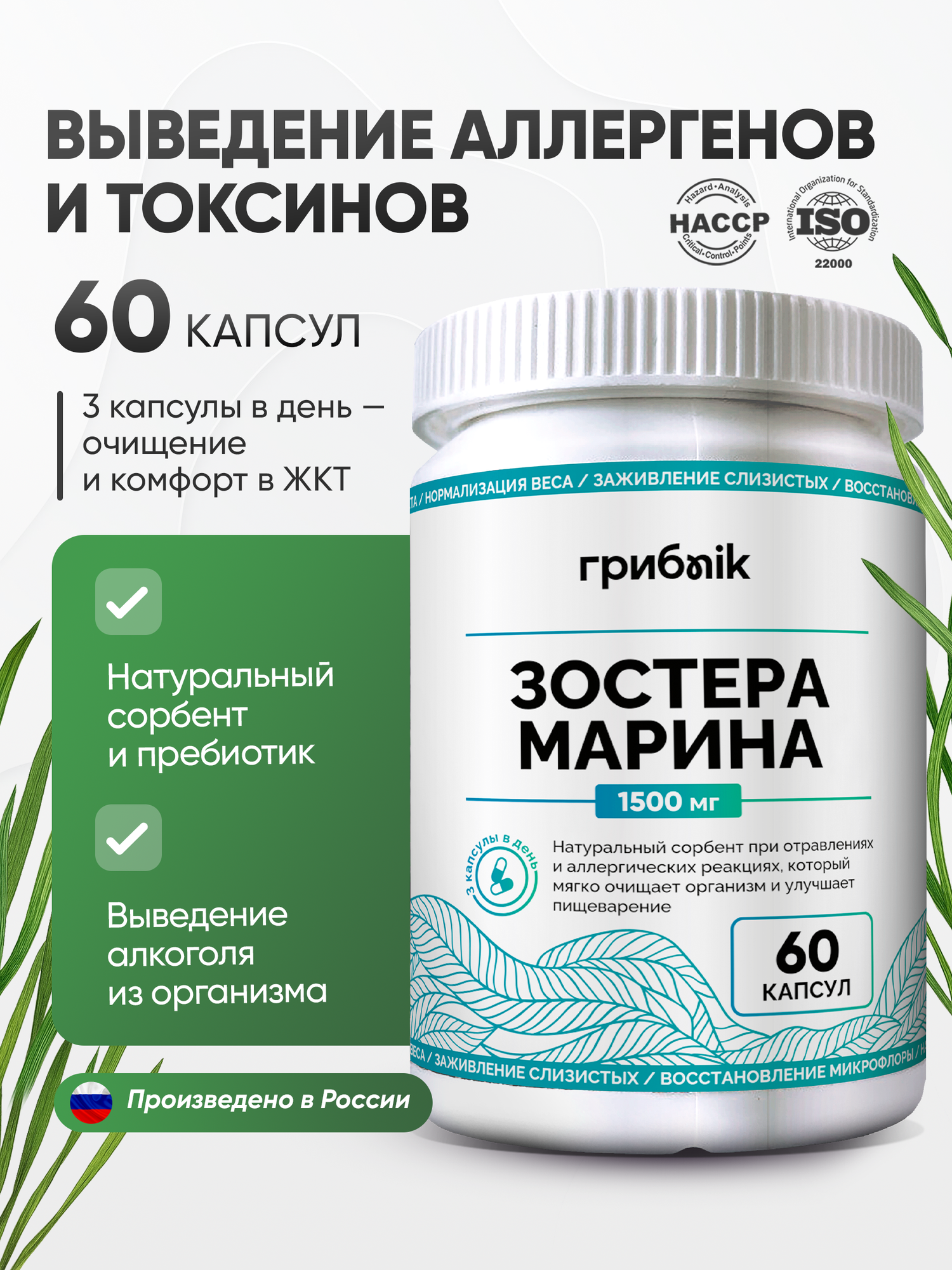 Зостерин Зостера Марина Экстракт Зостеры, сорбент, детокс, 60 капсул, ГрибNik