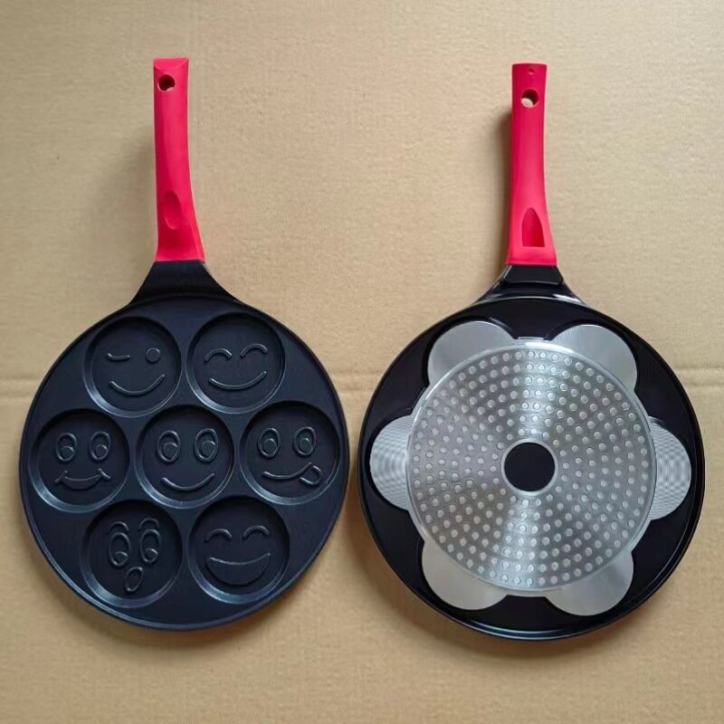 Красная улыбающаяся сковорода с 7 отверстиями, антипригарная, для завтрака, с индикатором температуры