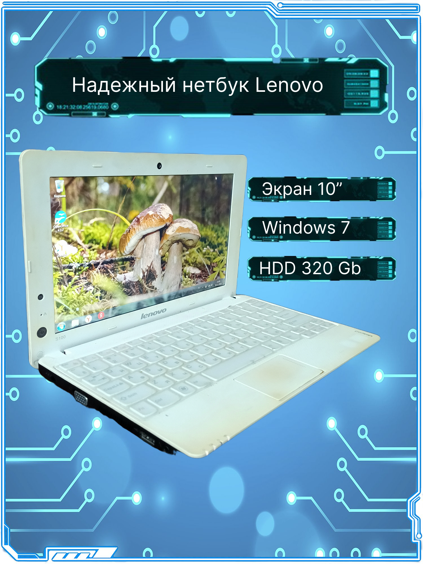 10.1" Нетбук Lenovo S100, 1024x600, Intel Atom N570, RAM 2 ГБ, HDD 320 ГБ, Windows 7, белый. Товар уцененный