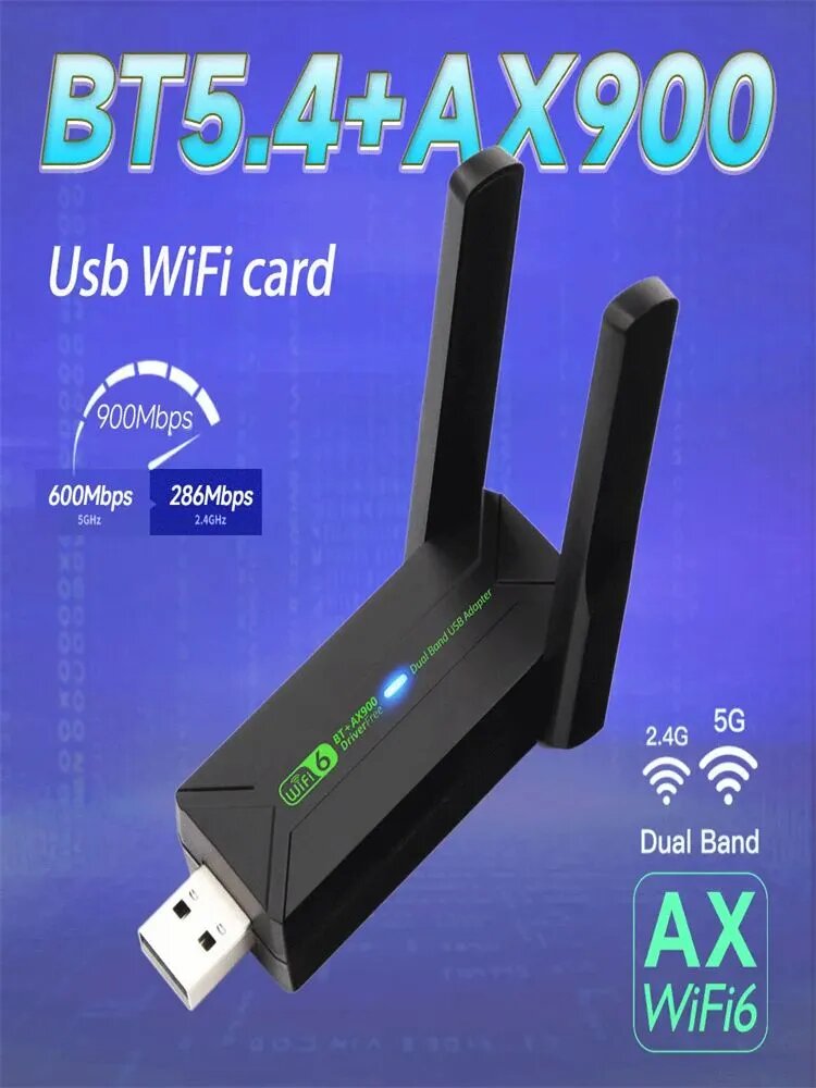 AX900 USB WiFi 6 Bluetooth 5.4 Адаптер 2in1 шифровая собака 2.4G и 5GHz с 2 беспроводными сетевыми приемниками антенны 5dbi для Windows 10/11