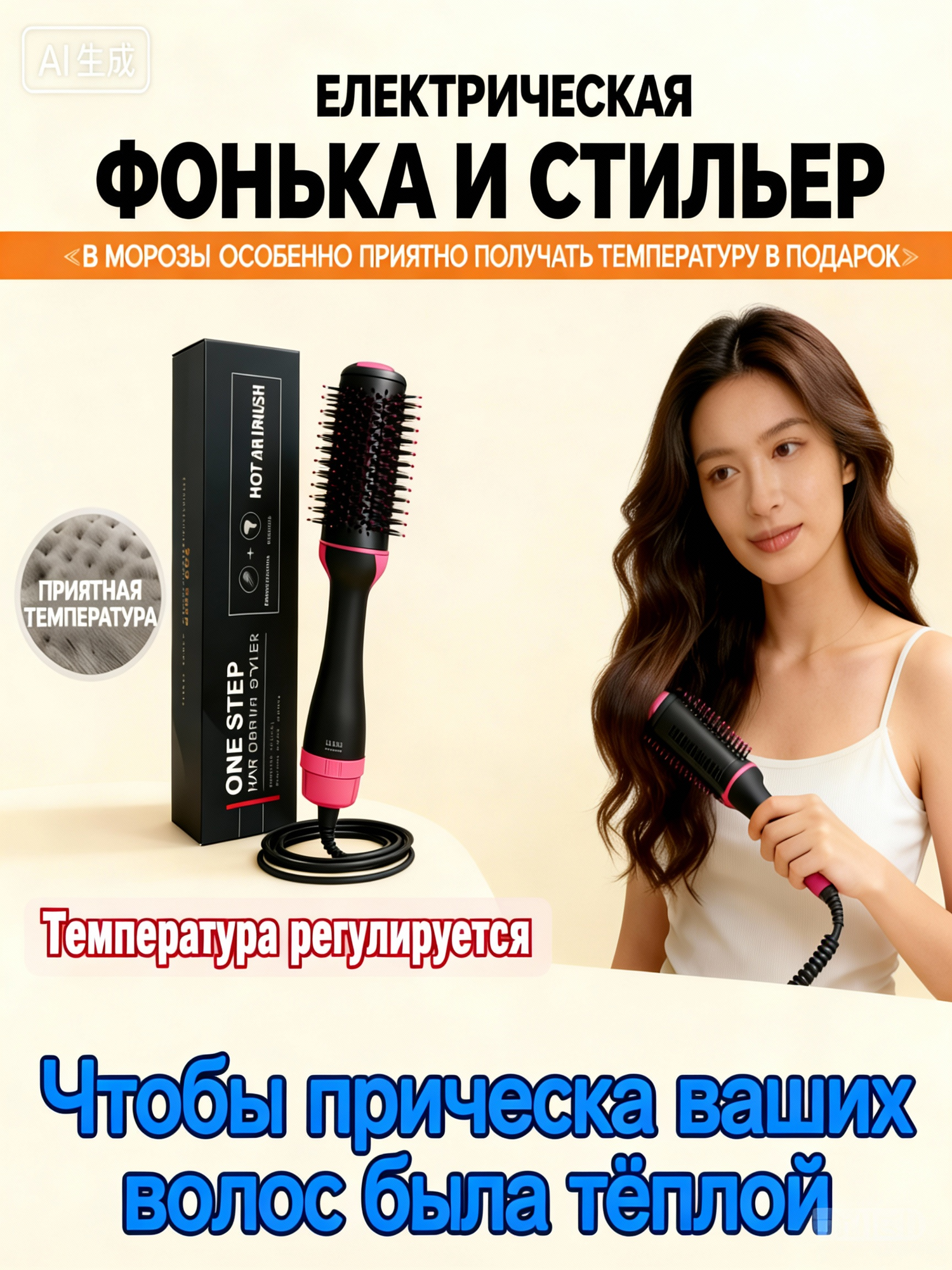 Фен-щетка для волос / Расческа с ионизацией One Step Фен-щётка (расчёска-фен) для волос Hair Dryer 3 в 1