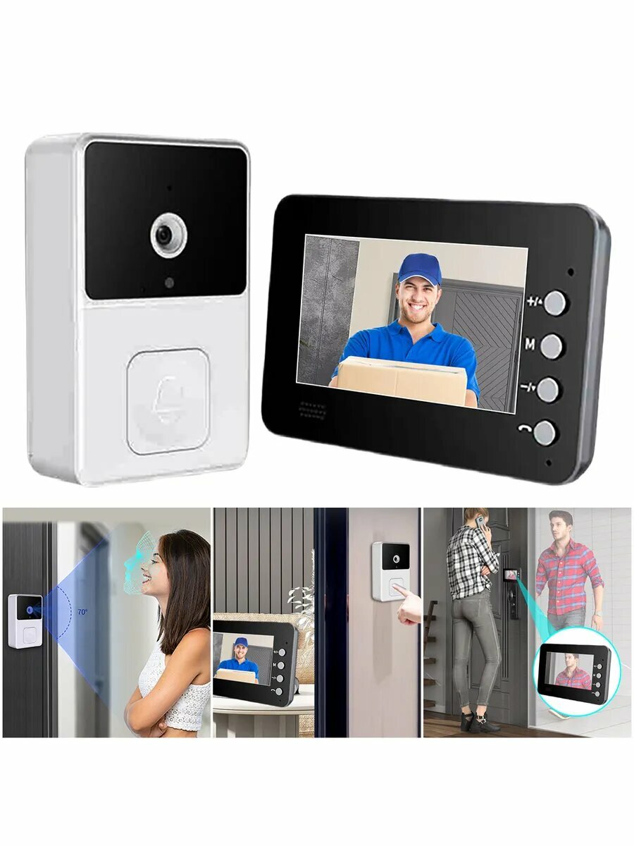 Беспроводной видеодомофон 4.3 дюйма без трубки: цветной экран, запись на карту памяти, питание от аккумулятора.