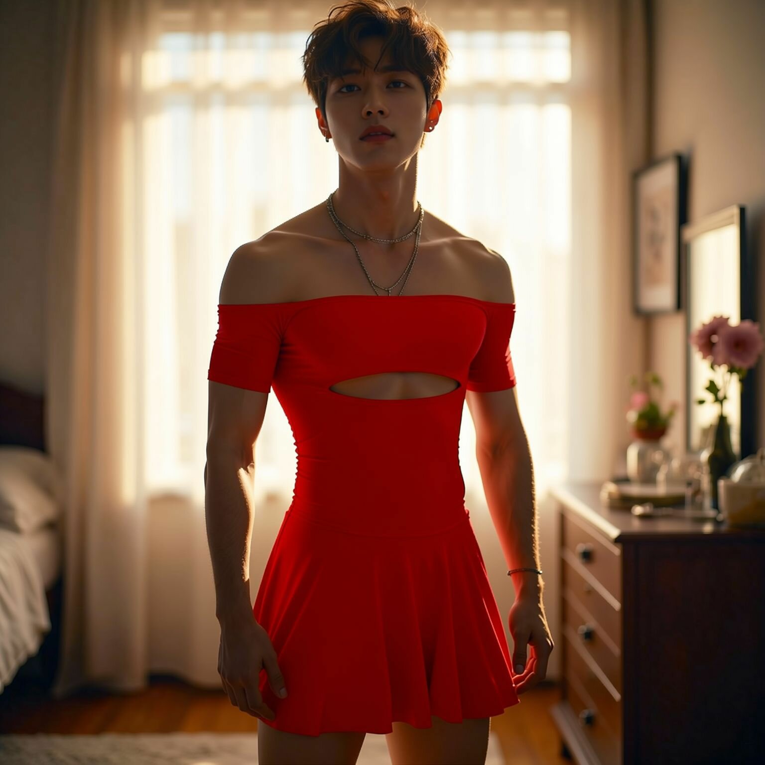 Эротическое нижнее белье больших размеров для мужчин, костюм горничной, не требующий снятия, красная шелковая униформа для пар, демонстрирующая воздержание и игривый стиль, размер: Один размер подходит всем