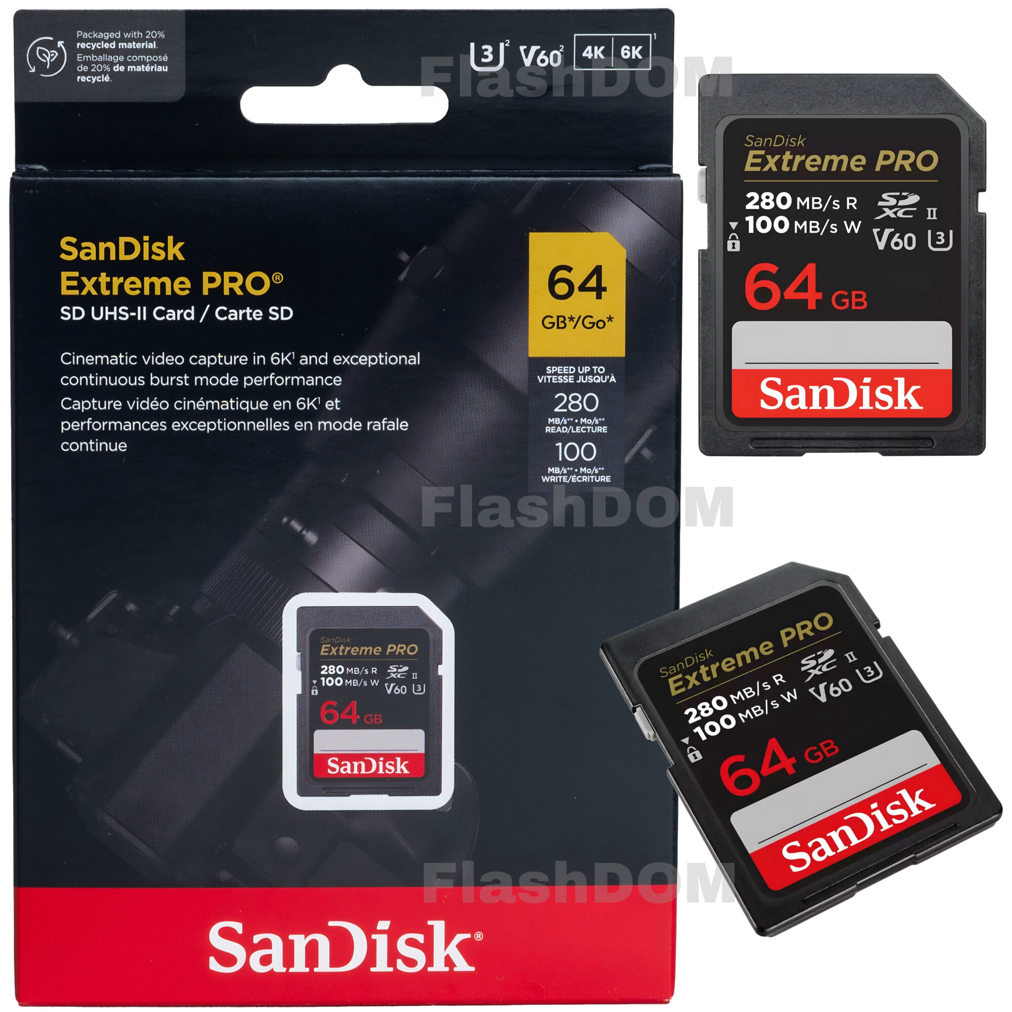 Карта памяти SanDisk Extreme PRO SDXC 64 ГБ Class 10 UHS-II U3 V60 6K-Video (R/W 280/100 Mb/s)