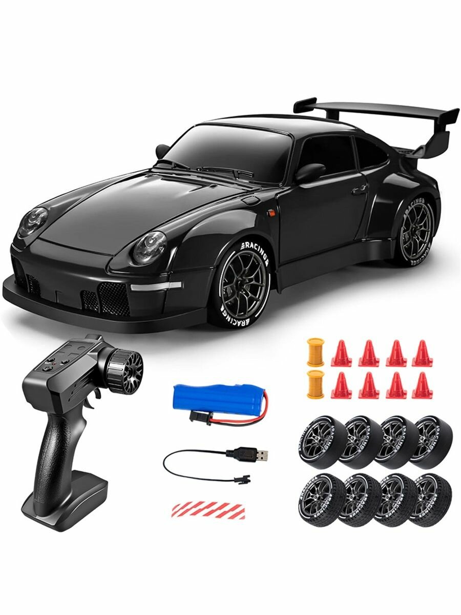 Автомобиль с дистанционным управлением на радиоуправлении с полупропорциональной дроссельной заслонкой, автомобиль для дрифта начального уровня, Porsche 993, черный
