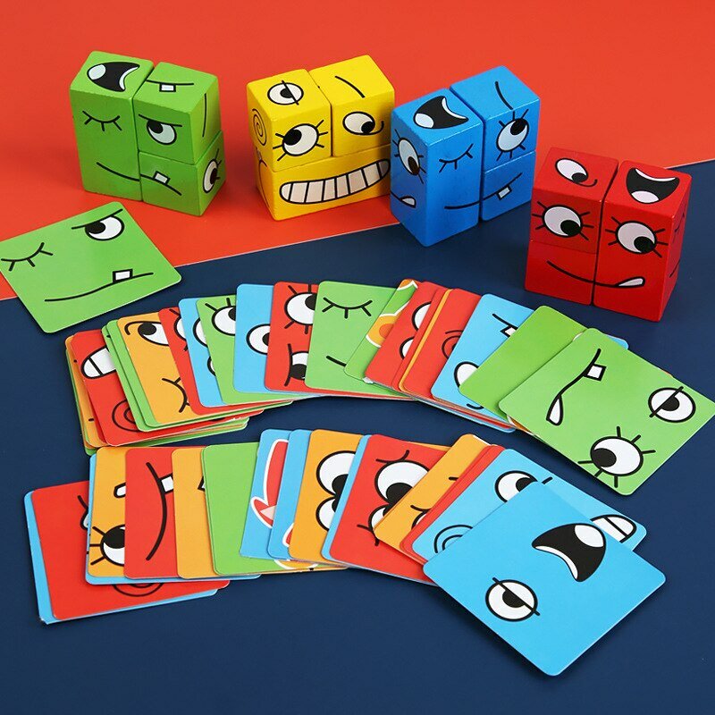 Монтессори выражение головоломка изменение лица куб строительный блок игрушка раннее обучение образовательная игра игрушка подарок деревянный блок (красочный)