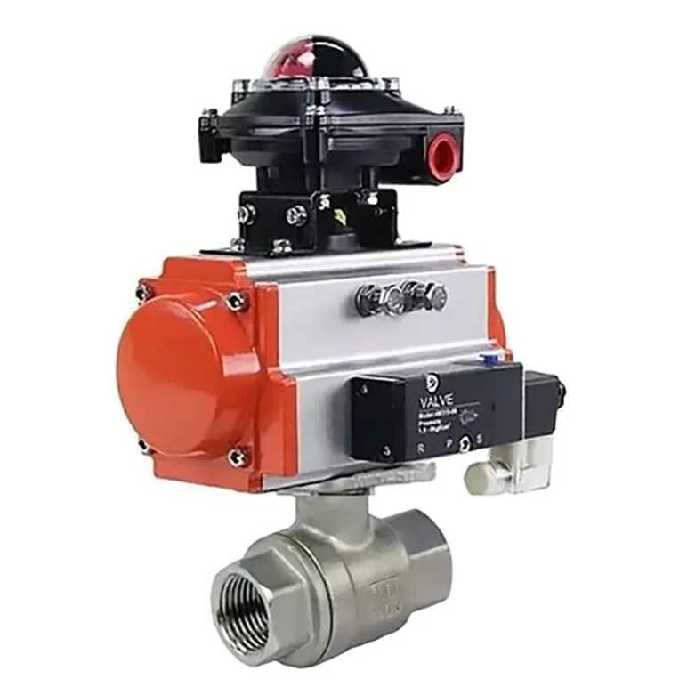 Кран шаровой DN.ru кшмп.316.230-ISO Ду80 Ру40 полнопроходной, внутренняя резьба, нержавеющая сталь 316, уплотнение - PTFE, с пневмоприводом DA-083, пневмораспределителем PND2-S1EM-52-1NC-J08-24VDC, БКВ LSB-210-02NM12-220/24