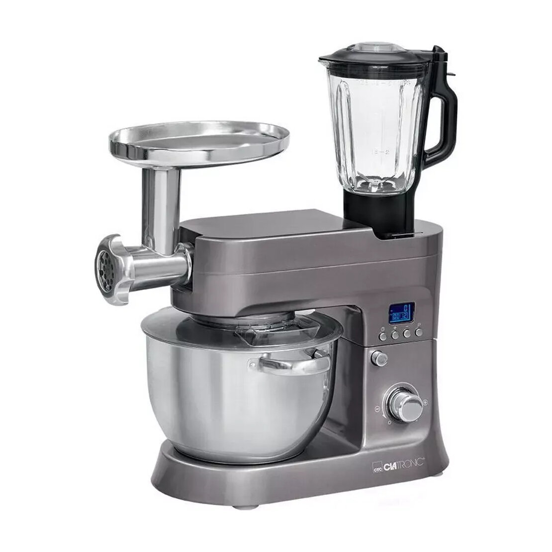 Кухонный комбайн Clatronic KM 3674, 1200 Вт, 10 скоростей, чаша 6.2 л, стеклянная чаша 1.5 л, импульсный режим, титан