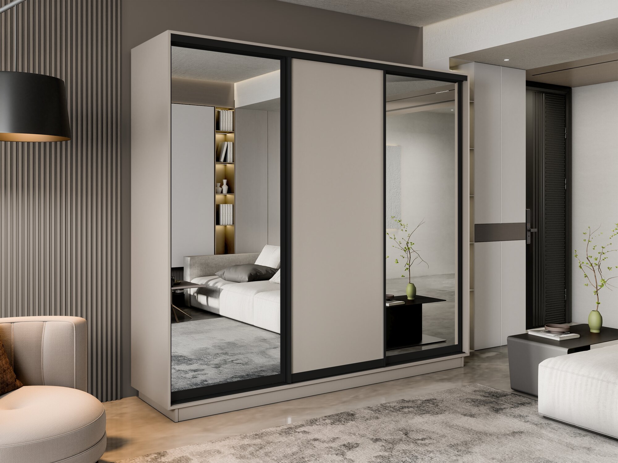 Шкаф купе Вилли 3-х дверный ЛДСП, (2-зеркала/ДСП) , профиль черный 180 см х 220 см х 45 см (Кашемир)